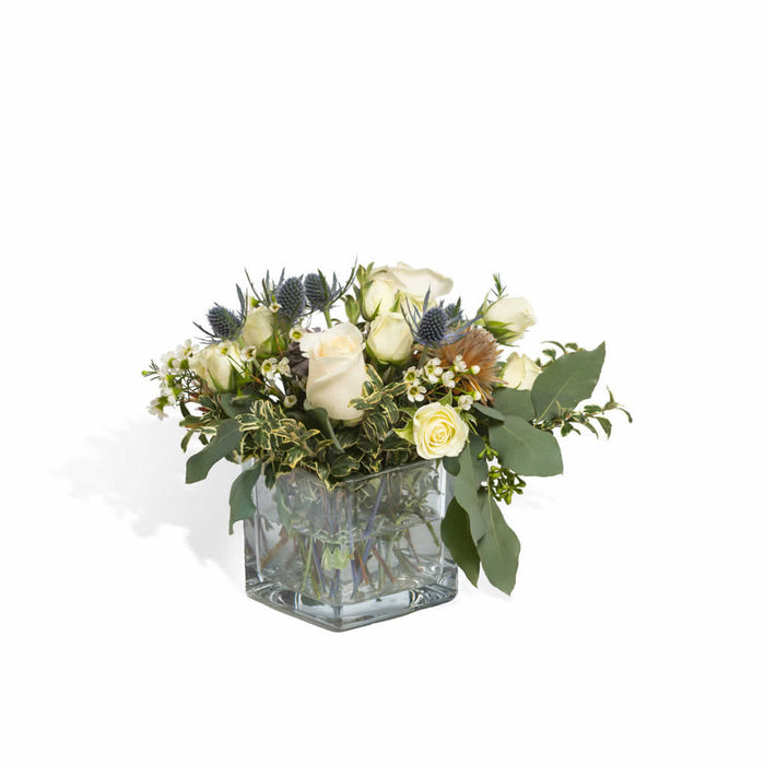 White Roses Blue Thistle Bridal Bouquet - Blume, designed by Victoria ...