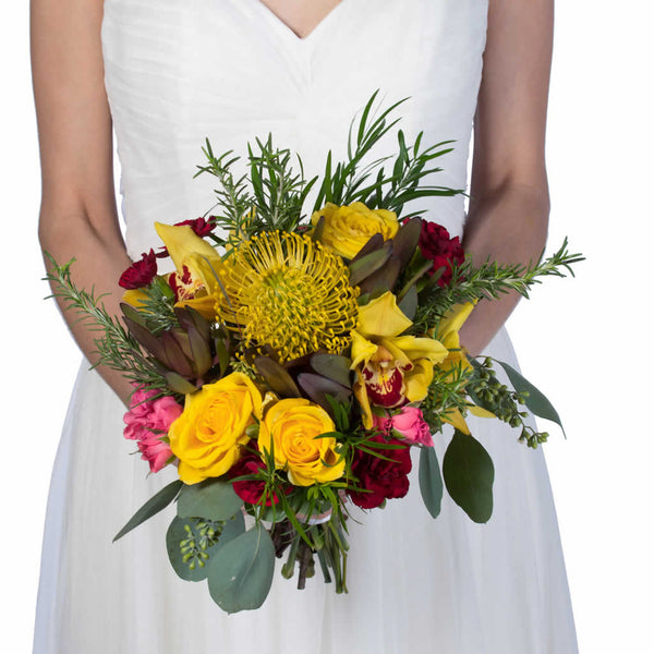 Yellow Pin Cushion Protea Yellow Roses Bridal Bouquet - Blume, designed ...