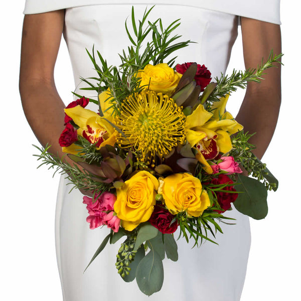 Yellow Pin Cushion Protea Yellow Roses Bridal Bouquet - Blume, designed ...