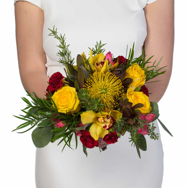 Yellow Pin Cushion Protea Yellow Roses Bridal Bouquet - Blume, designed ...